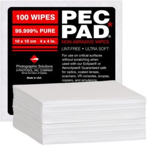 pec-pad lint free wipes 4”x4” non-abrasive ultra soft cloth for cleaning sensitive surfaces like camera, lens, filters, film, scanners, telescopes, microscopes, binoculars. (100 sheets per/pkg)