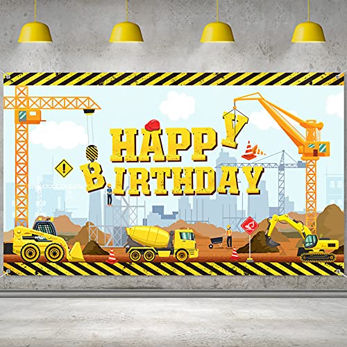 Construction Happy Birthday Backdrop Dump Truck Background Excavator Crane Birthday Party Banner Digger Excavator Truck Background Photography Studio Props Cake Table Boy Kids Birthday Decorations