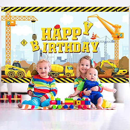 Construction Happy Birthday Backdrop Dump Truck Background Excavator Crane Birthday Party Banner Digger Excavator Truck Background Photography Studio Props Cake Table Boy Kids Birthday Decorations