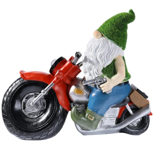 MACANIACE Garden gnome Riding a Motorcycle Statue Large & Interesting Outdoor Statuette with Solar LED Lights Creative Decorations Suitable for Lawn Terrace Autumn (12.2x4.7x10.8 in)