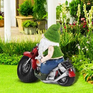 MACANIACE Garden gnome Riding a Motorcycle Statue Large & Interesting Outdoor Statuette with Solar LED Lights Creative Decorations Suitable for Lawn Terrace Autumn (12.2x4.7x10.8 in)