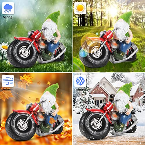 MACANIACE Garden gnome Riding a Motorcycle Statue Large & Interesting Outdoor Statuette with Solar LED Lights Creative Decorations Suitable for Lawn Terrace Autumn (12.2x4.7x10.8 in)