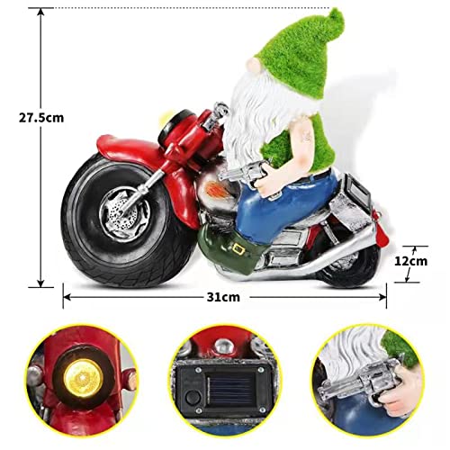 MACANIACE Garden gnome Riding a Motorcycle Statue Large & Interesting Outdoor Statuette with Solar LED Lights Creative Decorations Suitable for Lawn Terrace Autumn (12.2x4.7x10.8 in)