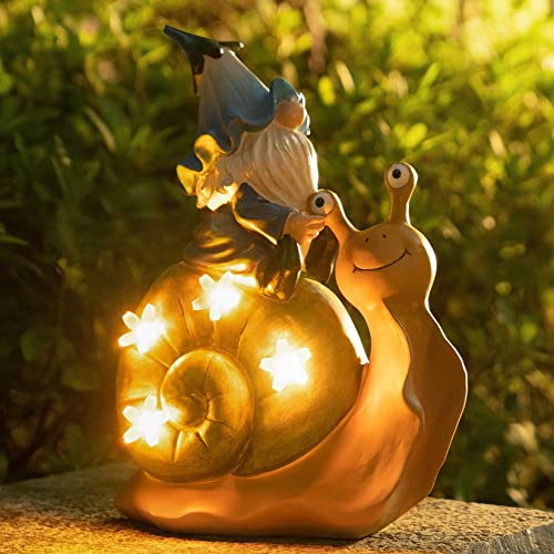 LA JOLIE MUSE Garden Gnomes Statue -9.2'' Resin Garden Snail with Gnome Figurine with Solar LED Lights, Outdoor Decoration for Patio Yard Lawn Porch, Ornament，Decor