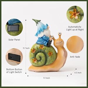 LA JOLIE MUSE Garden Gnomes Statue -9.2'' Resin Garden Snail with Gnome Figurine with Solar LED Lights, Outdoor Decoration for Patio Yard Lawn Porch, Ornament，Decor