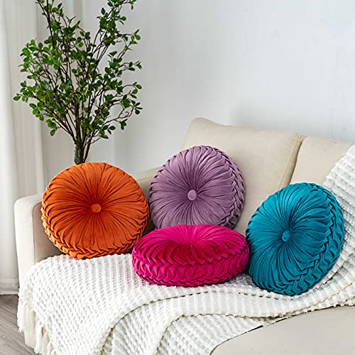 Cassiel Home Summer Home Pleated Velvet Round Throw Pillow Turqoise Summer Pintuck Decorative Pillow for Couch Sofa Bed Armchair Lounge Garden Patio Bench or Bedroom Floor Cushion 14.5 inches