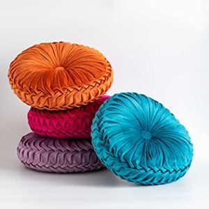 Cassiel Home Summer Home Pleated Velvet Round Throw Pillow Turqoise Summer Pintuck Decorative Pillow for Couch Sofa Bed Armchair Lounge Garden Patio Bench or Bedroom Floor Cushion 14.5 inches