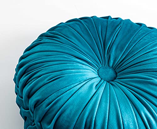 Cassiel Home Summer Home Pleated Velvet Round Throw Pillow Turqoise Summer Pintuck Decorative Pillow for Couch Sofa Bed Armchair Lounge Garden Patio Bench or Bedroom Floor Cushion 14.5 inches