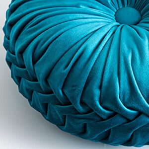 Cassiel Home Summer Home Pleated Velvet Round Throw Pillow Turqoise Summer Pintuck Decorative Pillow for Couch Sofa Bed Armchair Lounge Garden Patio Bench or Bedroom Floor Cushion 14.5 inches