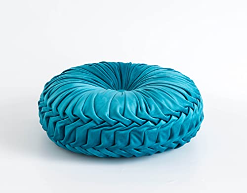 Cassiel Home Summer Home Pleated Velvet Round Throw Pillow Turqoise Summer Pintuck Decorative Pillow for Couch Sofa Bed Armchair Lounge Garden Patio Bench or Bedroom Floor Cushion 14.5 inches