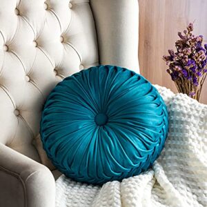 Cassiel Home Summer Home Pleated Velvet Round Throw Pillow Turqoise Summer Pintuck Decorative Pillow for Couch Sofa Bed Armchair Lounge Garden Patio Bench or Bedroom Floor Cushion 14.5 inches