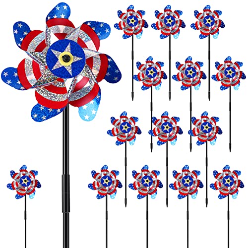 16 Pcs 7 Inch Patriotic Reflective Pinwheels 4th of July Windmill American Flag Stars Wind Spinner Independence Memorial Day Party Supplies Favors Decorations for Garden Lawn Outdoor Yard