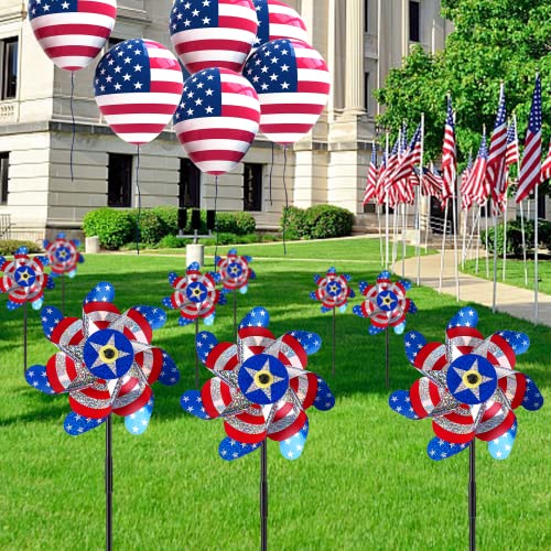 16 Pcs 7 Inch Patriotic Reflective Pinwheels 4th of July Windmill American Flag Stars Wind Spinner Independence Memorial Day Party Supplies Favors Decorations for Garden Lawn Outdoor Yard