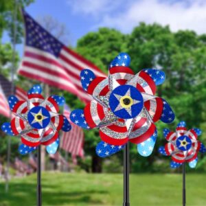 16 Pcs 7 Inch Patriotic Reflective Pinwheels 4th of July Windmill American Flag Stars Wind Spinner Independence Memorial Day Party Supplies Favors Decorations for Garden Lawn Outdoor Yard