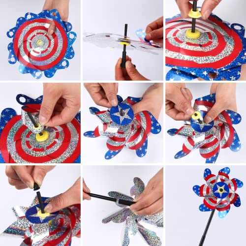 16 Pcs 7 Inch Patriotic Reflective Pinwheels 4th of July Windmill American Flag Stars Wind Spinner Independence Memorial Day Party Supplies Favors Decorations for Garden Lawn Outdoor Yard