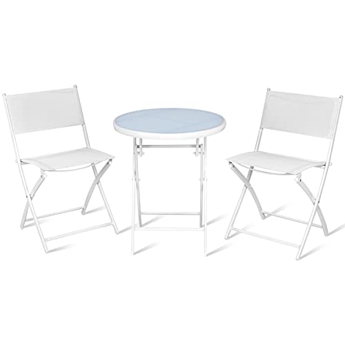 Tangkula 3 Pieces Folding Patio Bistro Set, No Assembly Required, Outdoor Folding Chairs & Table Set with Tempered Glass Tabletop, Outdoor Furniture Set for Garden, Poolside & Backyard (White)