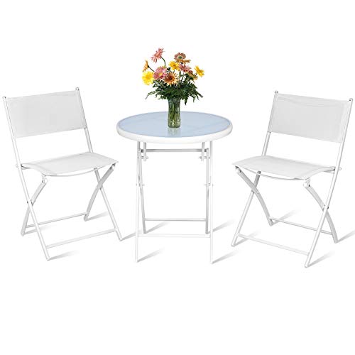 Tangkula 3 Pieces Folding Patio Bistro Set, No Assembly Required, Outdoor Folding Chairs & Table Set with Tempered Glass Tabletop, Outdoor Furniture Set for Garden, Poolside & Backyard (White)