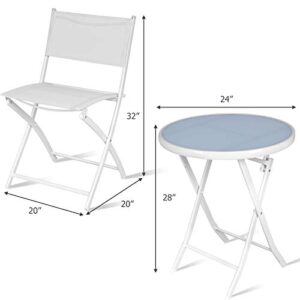 Tangkula 3 Pieces Folding Patio Bistro Set, No Assembly Required, Outdoor Folding Chairs & Table Set with Tempered Glass Tabletop, Outdoor Furniture Set for Garden, Poolside & Backyard (White)