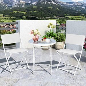 Tangkula 3 Pieces Folding Patio Bistro Set, No Assembly Required, Outdoor Folding Chairs & Table Set with Tempered Glass Tabletop, Outdoor Furniture Set for Garden, Poolside & Backyard (White)