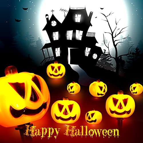 8 Pack Halloween Pumpkin Stake Lights 15.6 ft Halloween Decorations Pumpkin Stake Lantern 3D Lighted Pumpkin String with 8 LED Waterproof Battery for Garden Lawn Yard Tree Outdoor Halloween Decor