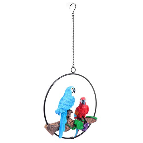 YARNOW Patio Home Garden Hanging Macaw Parrot Perching on Branch in Metal Round Ring Figurine Sculpture Nature Lovers Tropical Bird Collectors Decor Red Blue