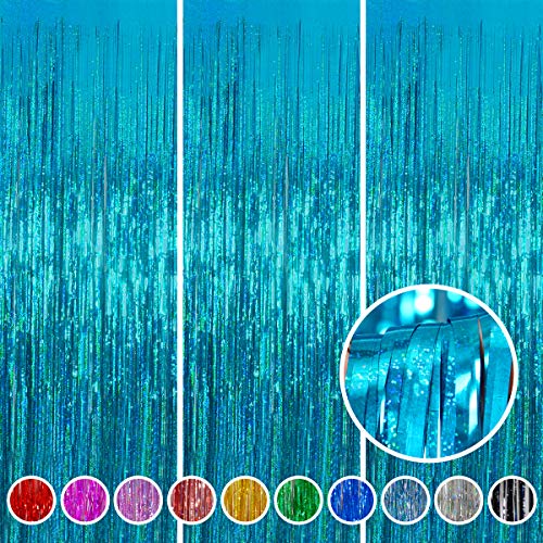 Foil Fringe Curtains Party Decorations - Melsan 3 Pack 3.2 x 8.2 ft Tinsel Curtain Party Photo Backdrop for Birthday Party Baby Shower or Graduation Decorations Teal