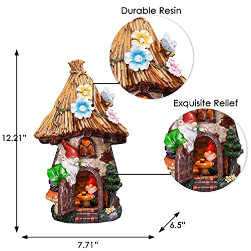 TERESA'S COLLECTIONS Gnomes House Garden Decor, Solar Fairy Garden Gnomes Outdoor Statues, Garden Gifts for Holiday Lawn Patio Yard Decorations, 12 Inch