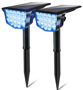 cocomox solar spot lights outdoor, 700 lumens blue solar powered garden lights outdoor ip67 waterproof landscape lighting super bright 2-in-1 3 modes spotlight for yard driveway flag 2 pack