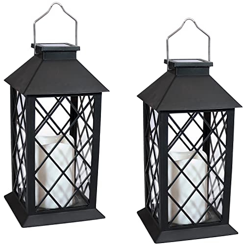 Sunnydaze Concord Outdoor Solar LED Decorative Candle Lantern - Rustic Farmhouse Decor for Patio, Porch, Deck and Garden - Tabletop and Hanging Outside Light - Set of 2 - 11-Inch - Black