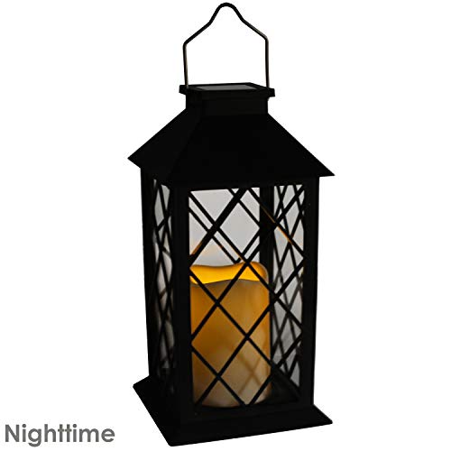 Sunnydaze Concord Outdoor Solar LED Decorative Candle Lantern - Rustic Farmhouse Decor for Patio, Porch, Deck and Garden - Tabletop and Hanging Outside Light - Set of 2 - 11-Inch - Black