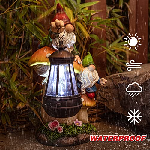 Ovewios Garden Gnome Statue, Large Funny Gnome Figurine Climbing on Mushroom and Holding a Solar LED Lantern Resin Ornament for Patio Yard Lawn Porch Outdoor Decor