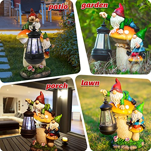 Ovewios Garden Gnome Statue, Large Funny Gnome Figurine Climbing on Mushroom and Holding a Solar LED Lantern Resin Ornament for Patio Yard Lawn Porch Outdoor Decor