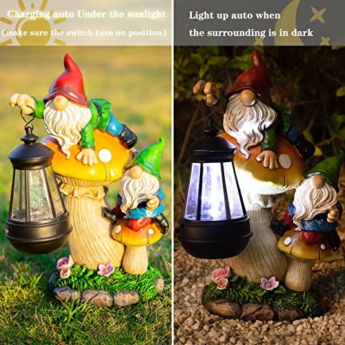 Ovewios Garden Gnome Statue, Large Funny Gnome Figurine Climbing on Mushroom and Holding a Solar LED Lantern Resin Ornament for Patio Yard Lawn Porch Outdoor Decor