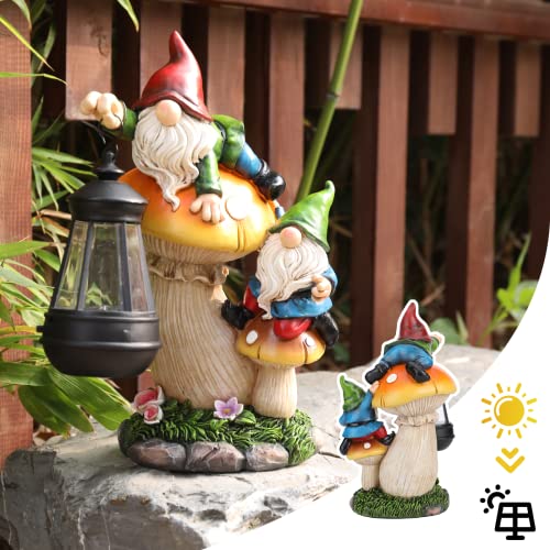 Ovewios Garden Gnome Statue, Large Funny Gnome Figurine Climbing on Mushroom and Holding a Solar LED Lantern Resin Ornament for Patio Yard Lawn Porch Outdoor Decor