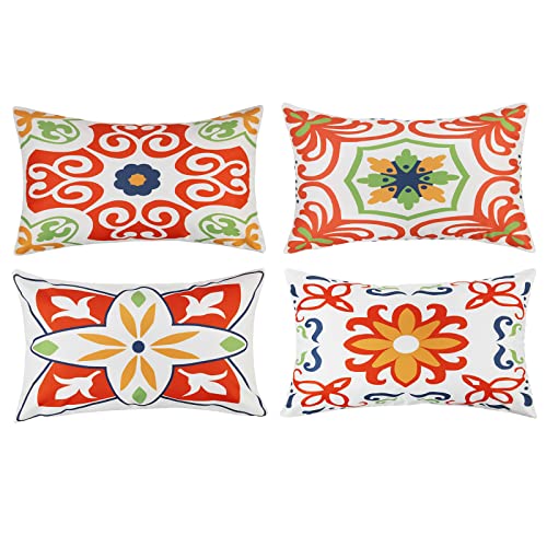 Pyonic Outdoor Lumber Pillow Covers Waterproof Throw Pillow Covers for Patio Furniture Decorative Boho Pillow Case 12x20 Floral Printed for Patio Tent Couch Garden Set of 4,Orange