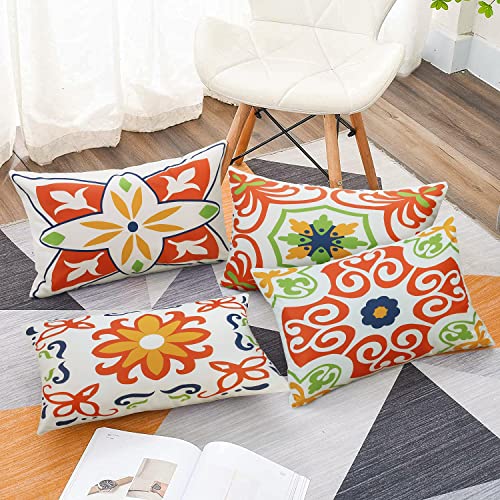 Pyonic Outdoor Lumber Pillow Covers Waterproof Throw Pillow Covers for Patio Furniture Decorative Boho Pillow Case 12x20 Floral Printed for Patio Tent Couch Garden Set of 4,Orange