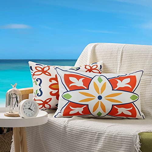 Pyonic Outdoor Lumber Pillow Covers Waterproof Throw Pillow Covers for Patio Furniture Decorative Boho Pillow Case 12x20 Floral Printed for Patio Tent Couch Garden Set of 4,Orange