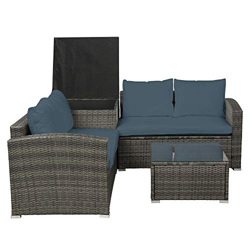 All Weather Wicker Outdoor Patio Furniture Sets, 4 PCS Outdoor Cushioned PE Rattan Wicker Sectional Sofa Set with Glass Top Coffee Table Seat Cushion for Garden Poolside (Rattan+ Gray Cushion)