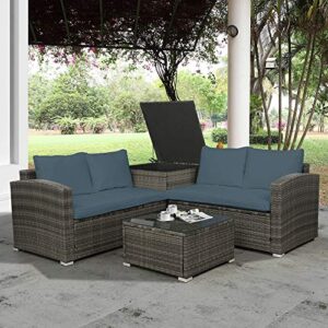 All Weather Wicker Outdoor Patio Furniture Sets, 4 PCS Outdoor Cushioned PE Rattan Wicker Sectional Sofa Set with Glass Top Coffee Table Seat Cushion for Garden Poolside (Rattan+ Gray Cushion)