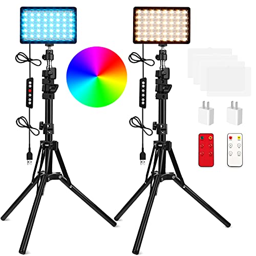 QEUOOIY 2 Packs RGB LED Video Light with Adjustable Tripod Stand/White Filters, Dimmable 2500-6500K USB Video Conference Lighting Kit for YouTube Photography/Game Zoom Live, Streaming,TikTok, 1.6M