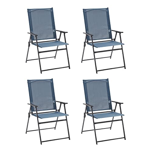 VICLLAX Patio Folding Sling Chairs, Portable Deck Sling Back Chair, Camping Garden Beach Using Chairs Set of 4 (Dark Blue)