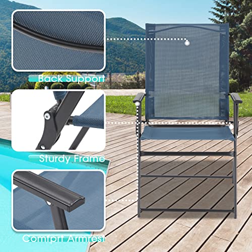 VICLLAX Patio Folding Sling Chairs, Portable Deck Sling Back Chair, Camping Garden Beach Using Chairs Set of 4 (Dark Blue)