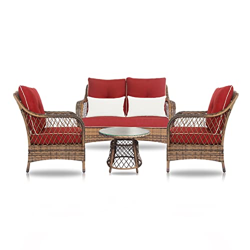 N&V Wicker Patio Furniture Rattan Conversation Chairs Loveseat with Table Cushions for Garden Backyard (Red 4 PCS)