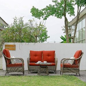 N&V Wicker Patio Furniture Rattan Conversation Chairs Loveseat with Table Cushions for Garden Backyard (Red 4 PCS)