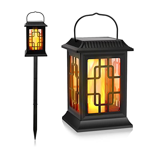 Dyna-Living Solar Lantern Hanging Solar Light Outdoor Waterproof 2pack Flickering LED Flame Hanging Solar Lanterns with Handle for Yard, Porch, Garden, Pathway(Black)