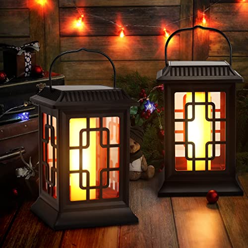 Dyna-Living Solar Lantern Hanging Solar Light Outdoor Waterproof 2pack Flickering LED Flame Hanging Solar Lanterns with Handle for Yard, Porch, Garden, Pathway(Black)