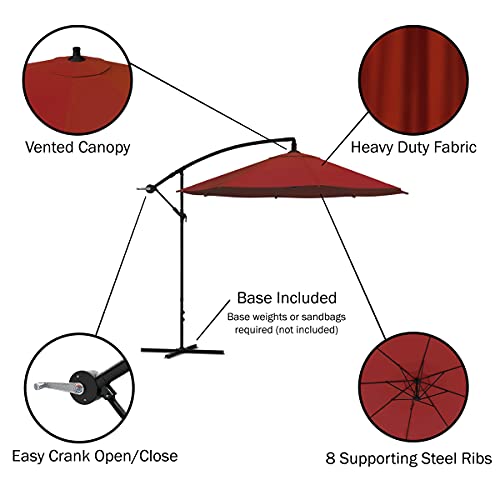 Pure Garden Offset Patio Umbrella – 10 Ft Cantilever Hanging Outdoor Shade - Easy Crank and Base for Table, Deck, Porch, or Poolside (Red)