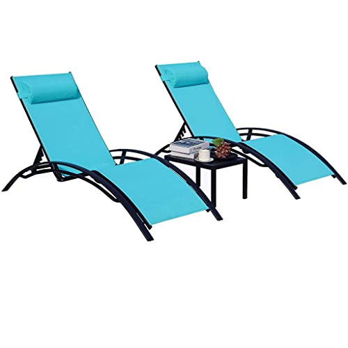 NICEDAYFY 3Pcs Sun Lounger Recliner Set Aluminum Chaise Lounges,Reclining Chair with 5 Adjustable Backrest, Head Cushion, Table for Garden (Color : A, Size : One Size)