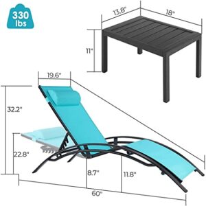 NICEDAYFY 3Pcs Sun Lounger Recliner Set Aluminum Chaise Lounges,Reclining Chair with 5 Adjustable Backrest, Head Cushion, Table for Garden (Color : A, Size : One Size)