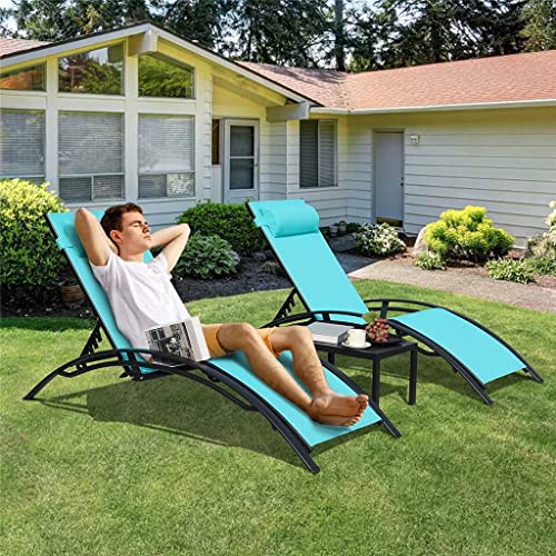 NICEDAYFY 3Pcs Sun Lounger Recliner Set Aluminum Chaise Lounges,Reclining Chair with 5 Adjustable Backrest, Head Cushion, Table for Garden (Color : A, Size : One Size)